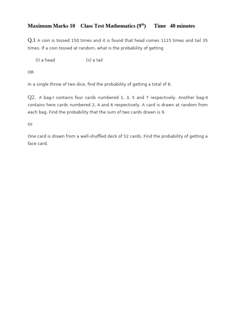 Class 9th Probability Unit Test | PDF