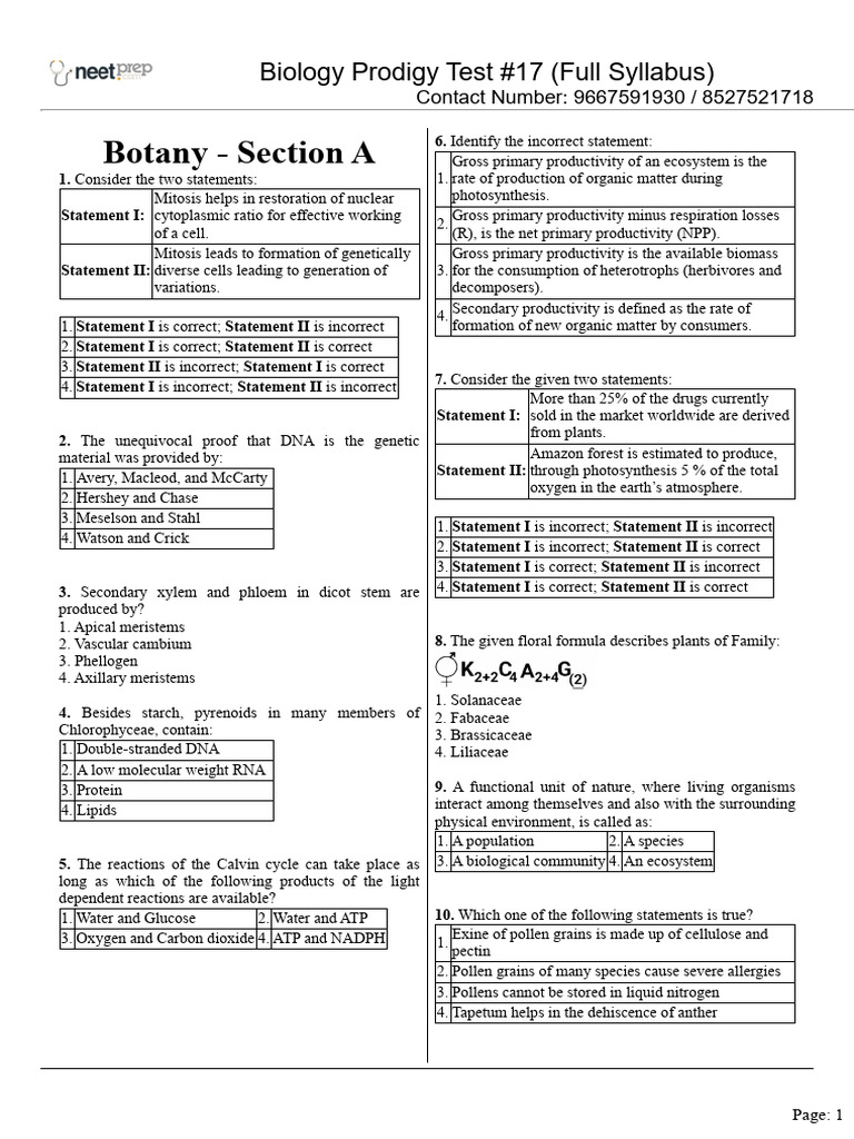 Biology Prodigy Test #17 (Full Syllabus) | PDF | Primary Production ...