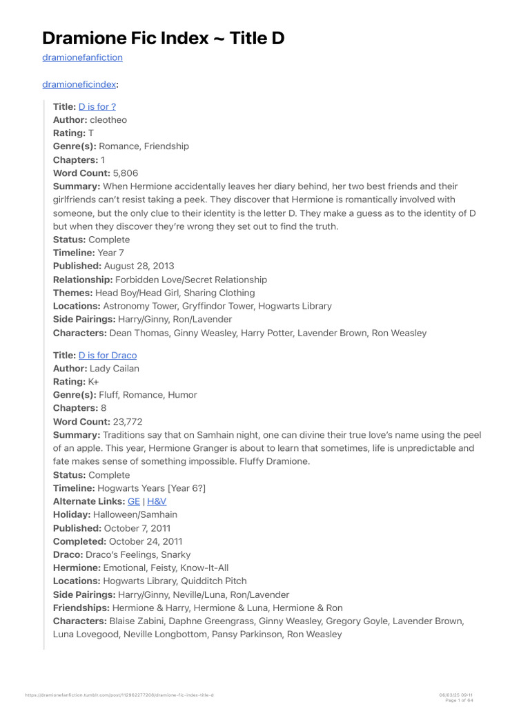 Dramione Haven, Dramione Fic Index Title D | PDF | Mythography | Harry ...
