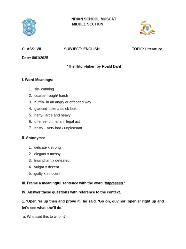 Hitch-hiker by Roald Dahl: Class VII Guide | PDF
