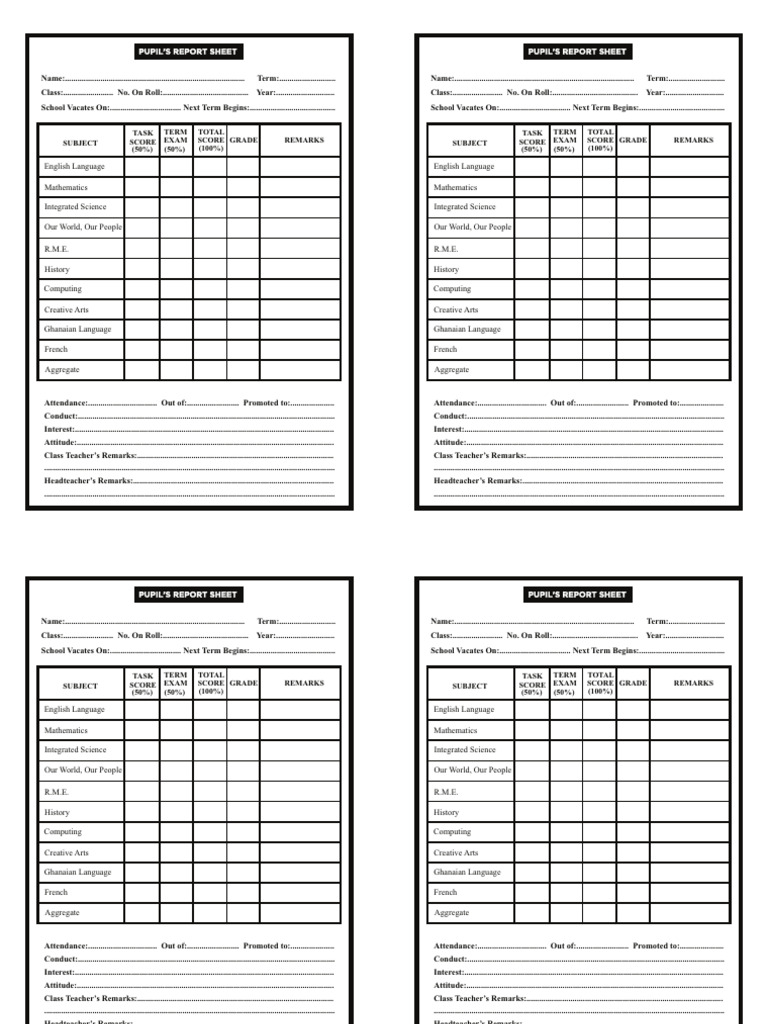 Pupil Report Sheet Template | PDF | Educational Stages