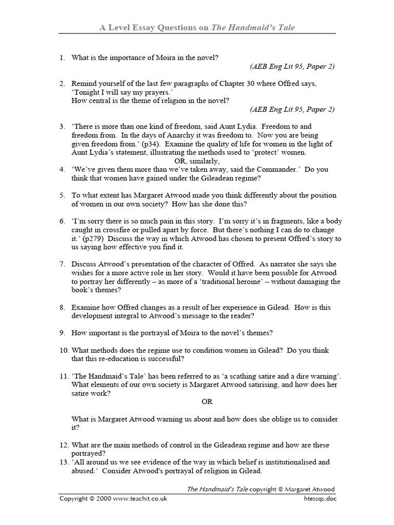 Handmaids Tale Essay Topics 2crp1sh | PDF | Novels