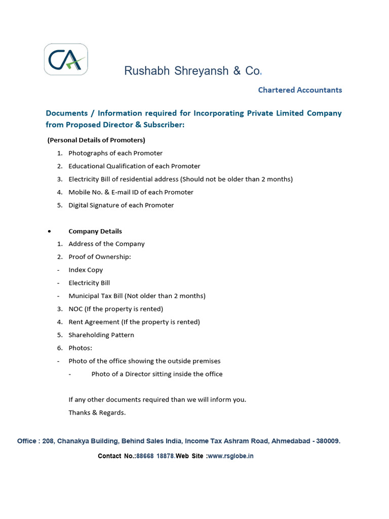 Documents for Private Limited Company Setup | PDF
