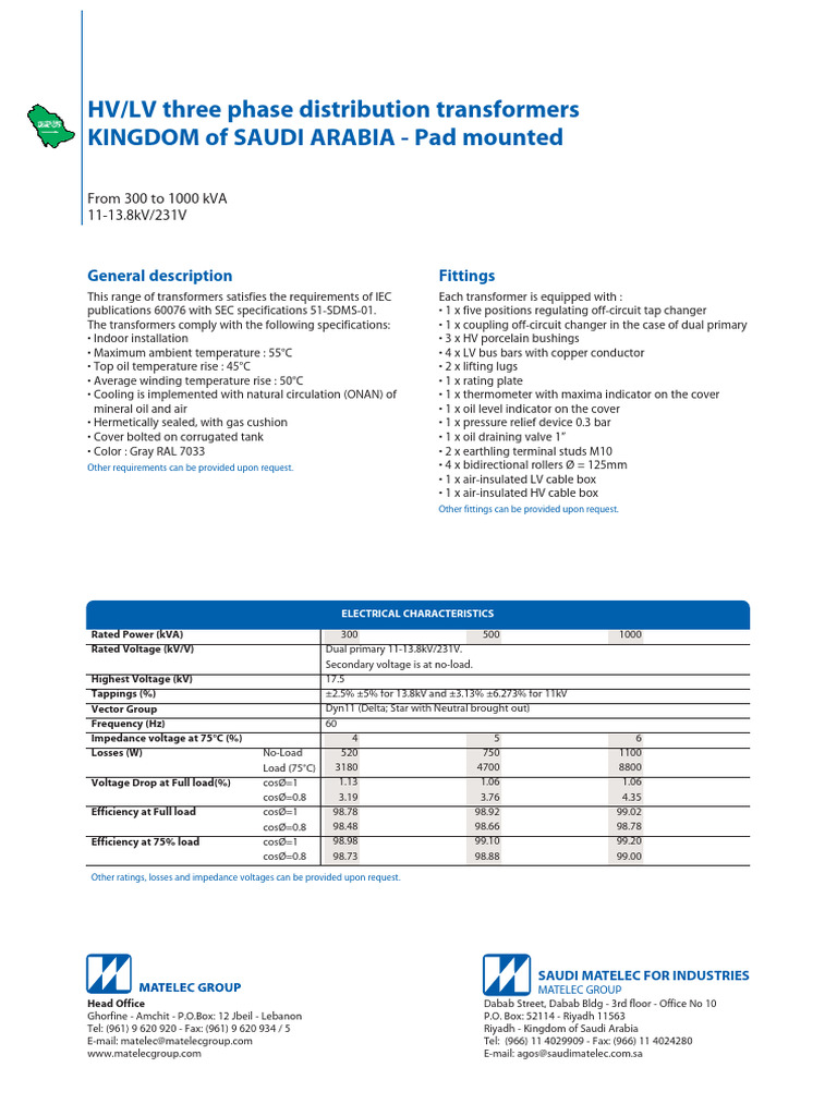 Saudi Arabia - Pad - 300 1000kVA - 11-13,8kV 231V | PDF | Transformer | Electric Power Distribution