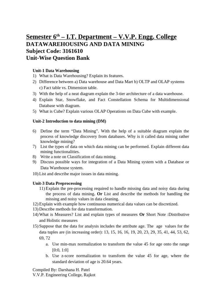 Unit-Wise Data Warehousing & Mining Q&A | PDF | Statistical ...