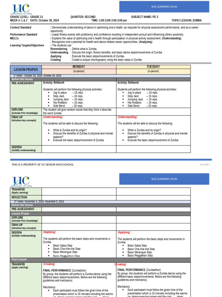 SHS Learning Plan ZUMBA | PDF