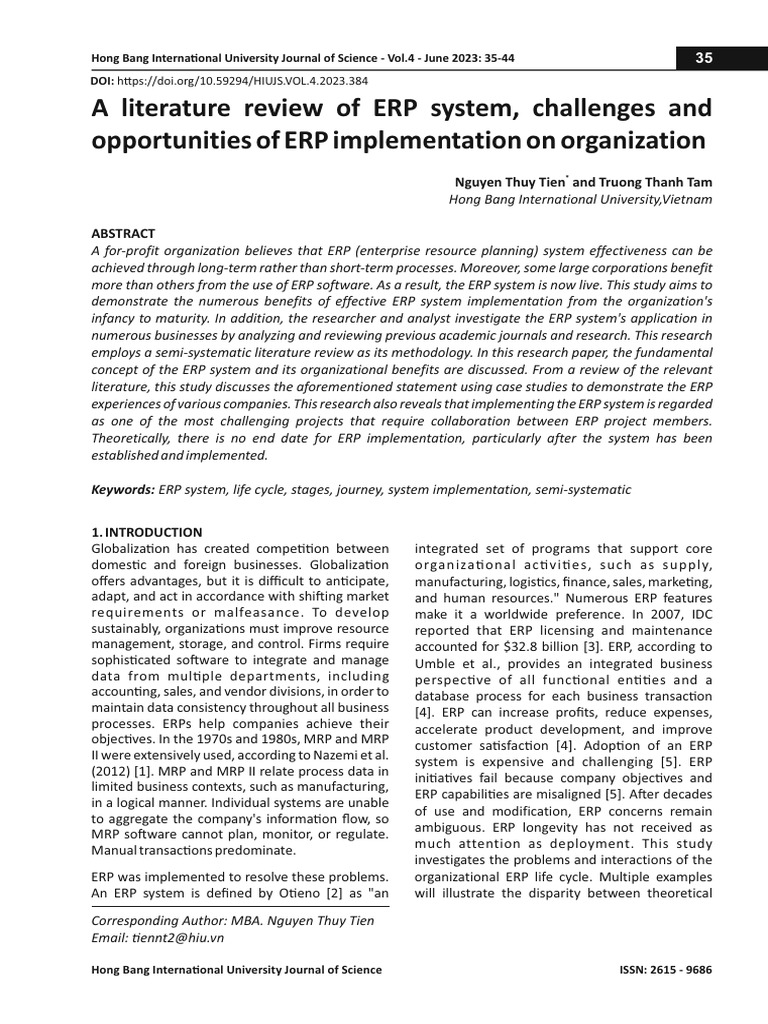 A Literature Review of ERP System, Challenges and Opportunities of ERP ...