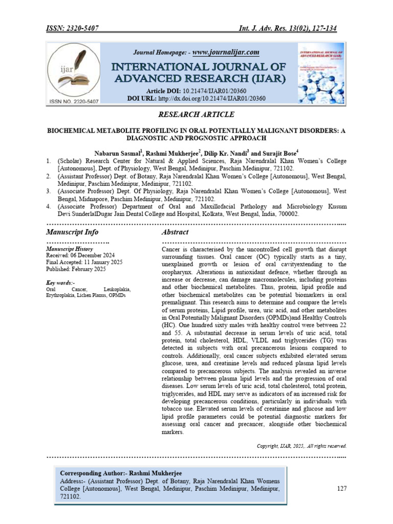 Biochemical Metabolite Profiling in Oral Potentially Malignant ...