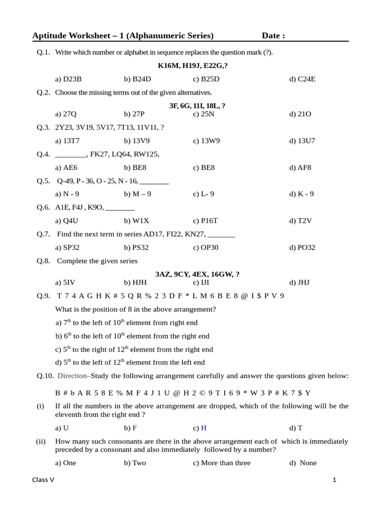 Aptitude Worksheet-Class-5 New | PDF