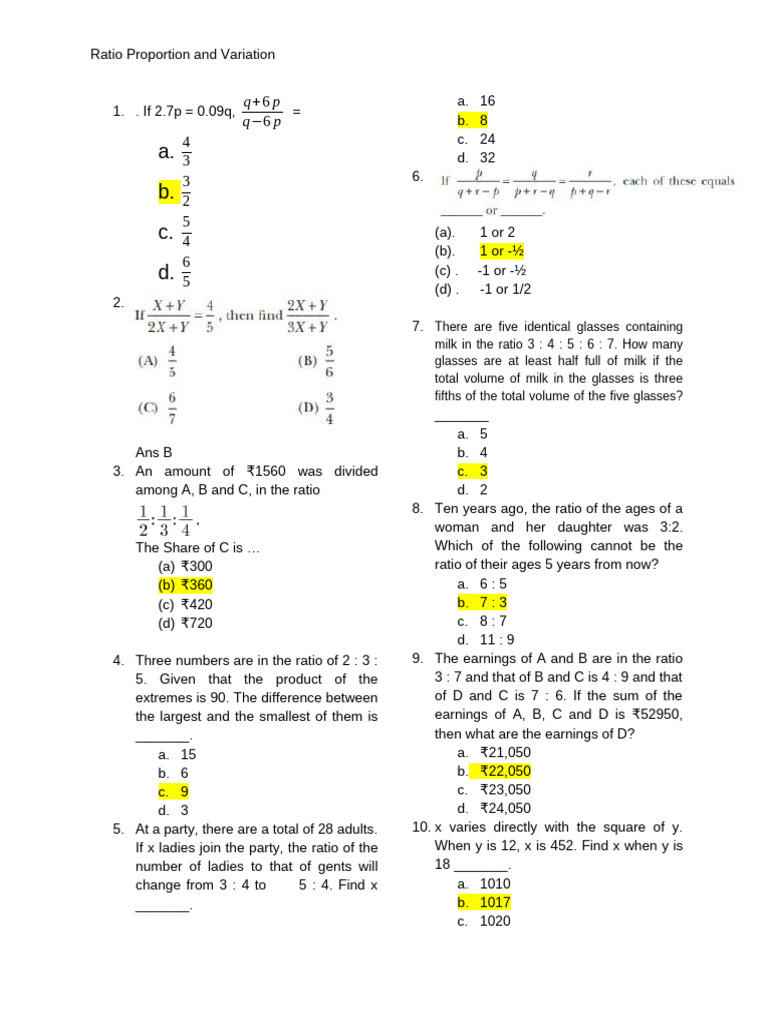 Ratio and Proportion Practice Worksheet | PDF | Ratio