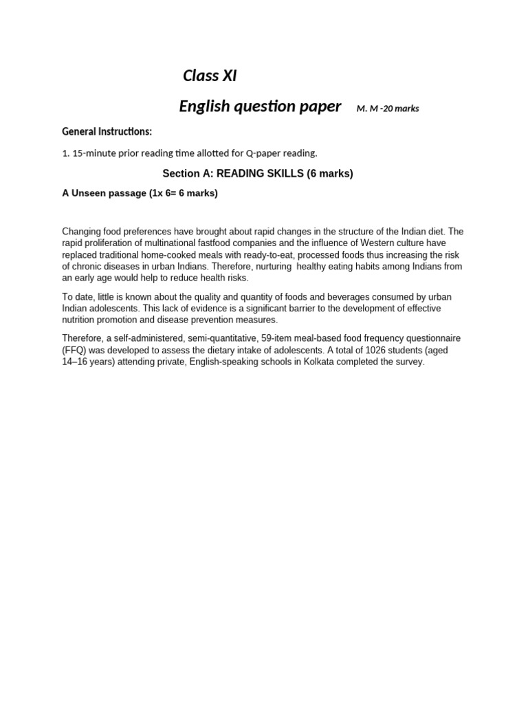 class XI CBSE sample Paper English | PDF | Healthy Diet | Nutrition