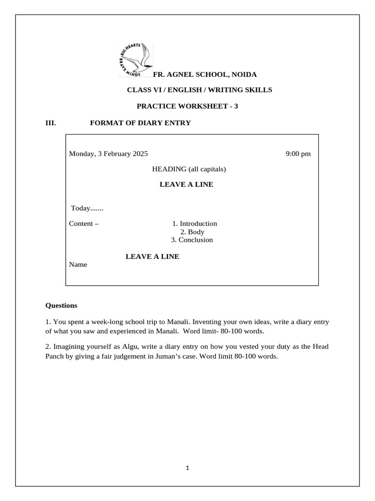 Diary Writing Practice for Class VI | PDF