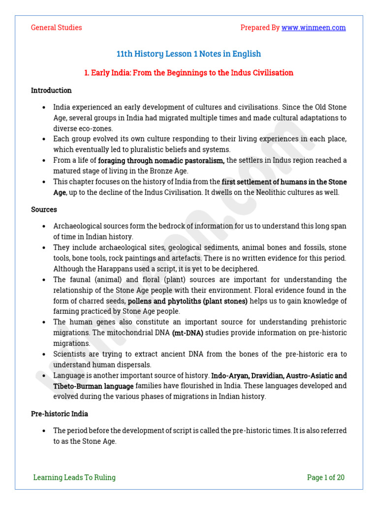 11th-History-Lesson-1-Notes-in-English | PDF | Paleolithic | Stone Age