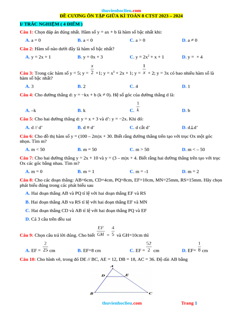 Thuvienhoclieu.com de Cuong on Tap Toan 8 CTST Giua HK2 | PDF