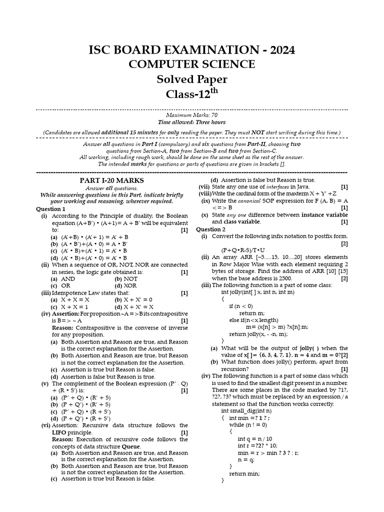 Isc Computer Science 2024 Pdf Method Computer Programming Constructor Object Oriented