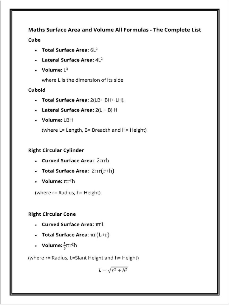 SURFACE AREA AND VOLUME Formula Sheet | PDF
