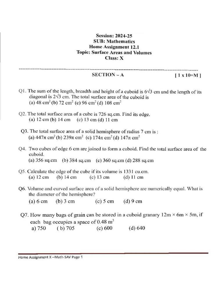 Class 10th MATHEMATICS Surface Area and Volume PRACTICE QUESTIONS SAMPLE PAPER | PDF