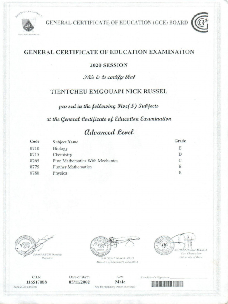 GCE Advanced Level Certificate | PDF