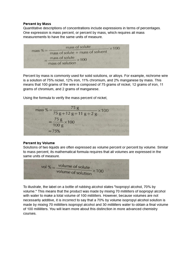 Understanding Percent by Mass and Volume | PDF