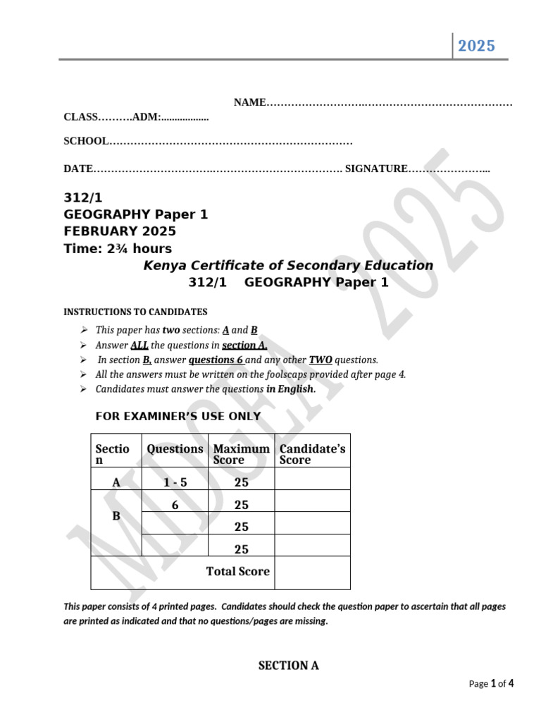 Midgea f4 Term 1 2025 Pp1 | PDF | Coast | Coral