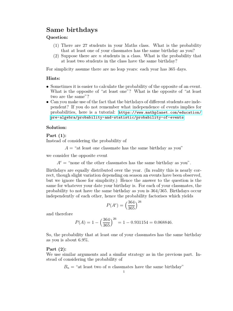 Samebirthdays 0421 Hints Solution | PDF | Applied Mathematics | Mathematics
