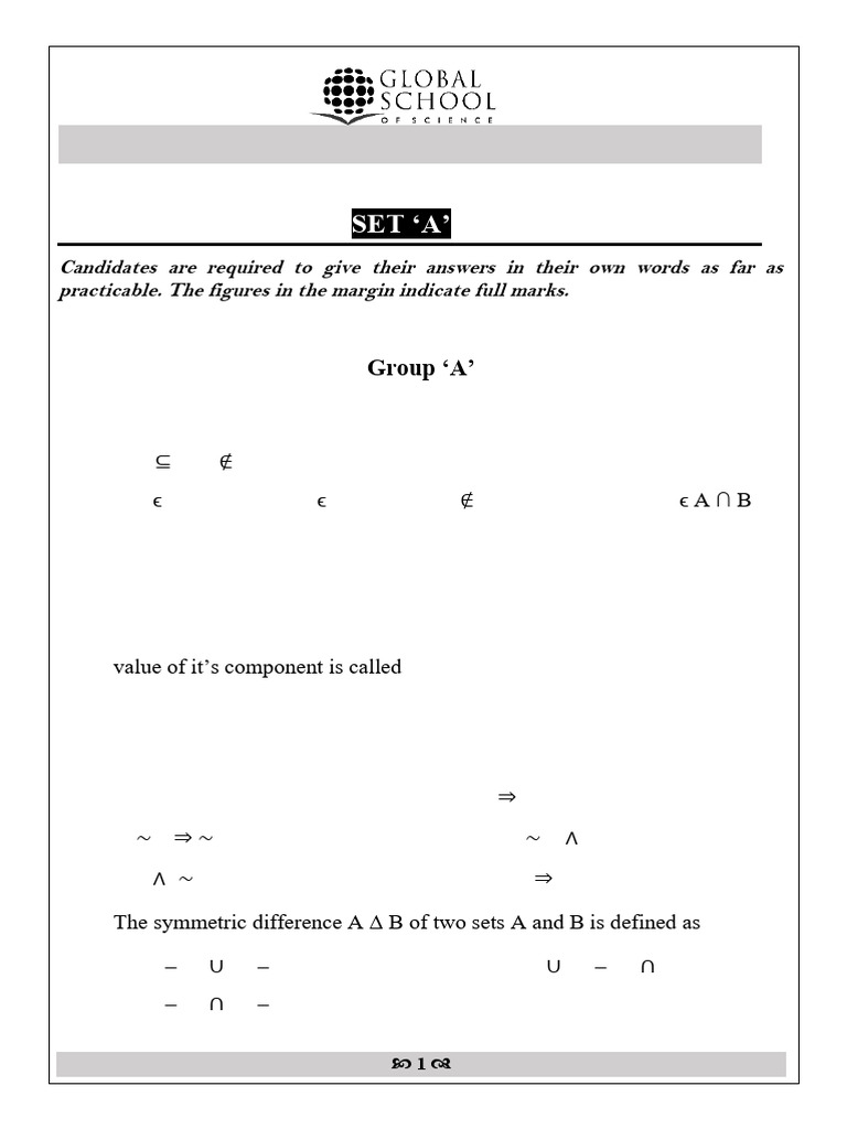 Math (Set A) - Xi 1ST Term 79 Final Print-1 | PDF | Mathematics ...
