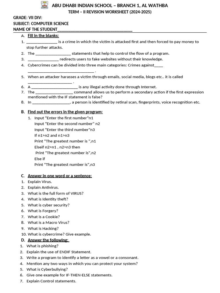 Grade7 QP 2025 Revision Worksheet (2) 2 | PDF