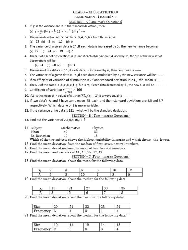 Class XI Statistics Assignment Guide | PDF | Variance | Median