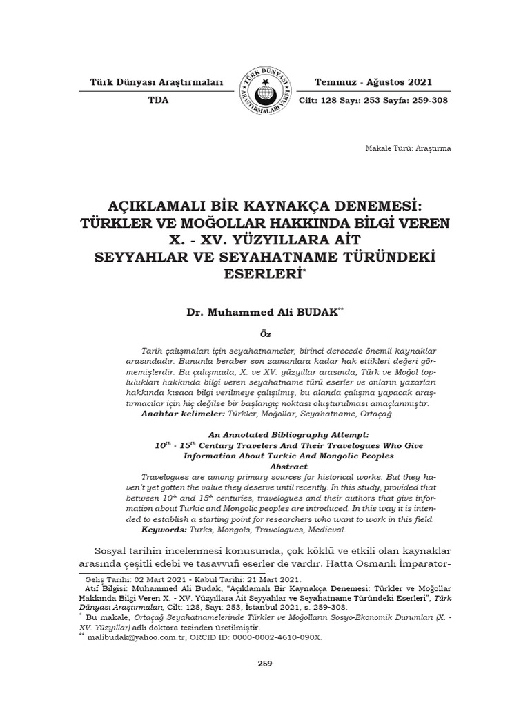 A Iklamali b r Kaynak a Denemes t Rkler Ve Mo Ollar Hakkinda b Lg Veren x.-xv. y Zyillara a t ...