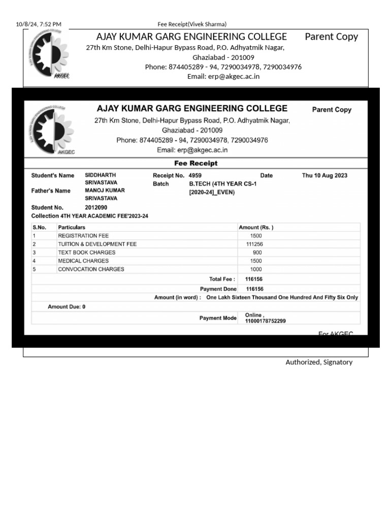 Fee Reciept 4th Yr | PDF