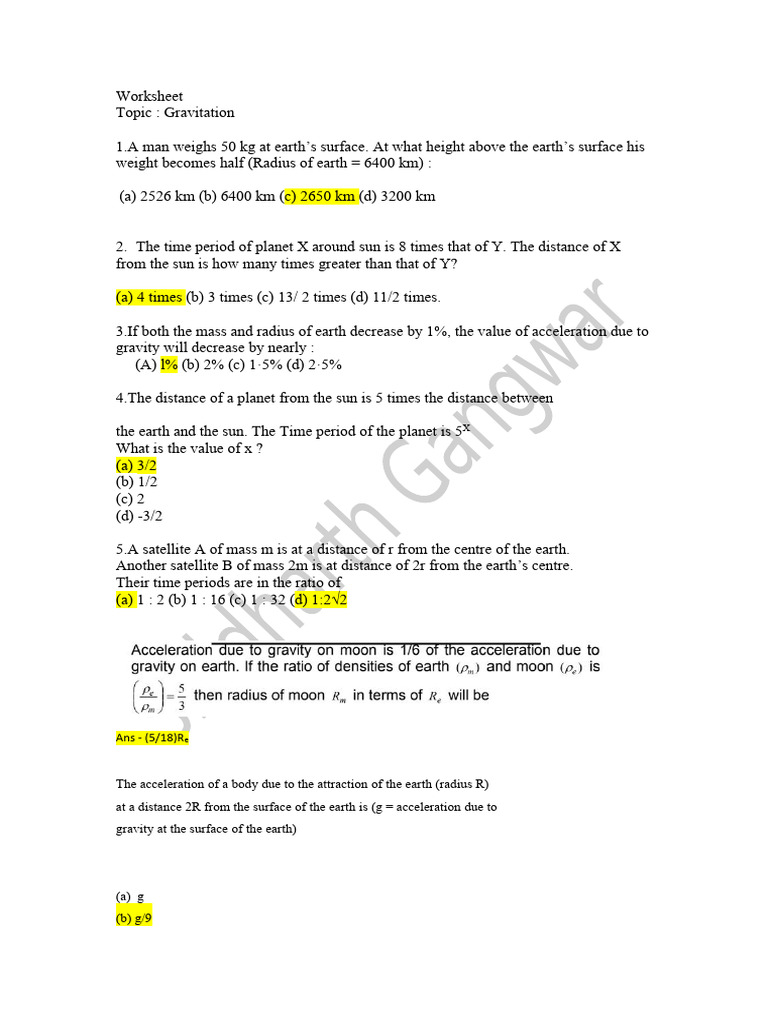 Gravitation worksheet_edited | PDF