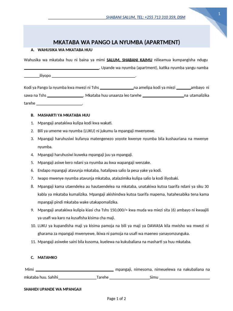 Mkataba Wa Pango La Nyumba 1 PDF | PDF