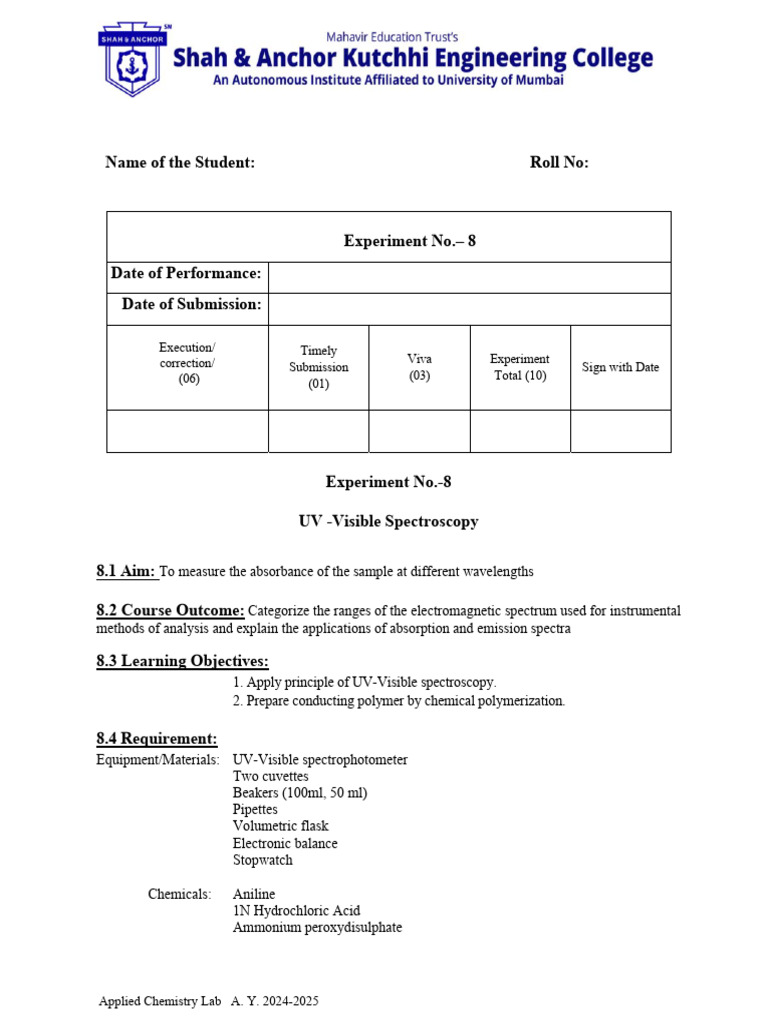 Exp8 UV-Vis Spectroscopy Print | PDF | Absorption Spectroscopy | Ultraviolet–Visible Spectroscopy