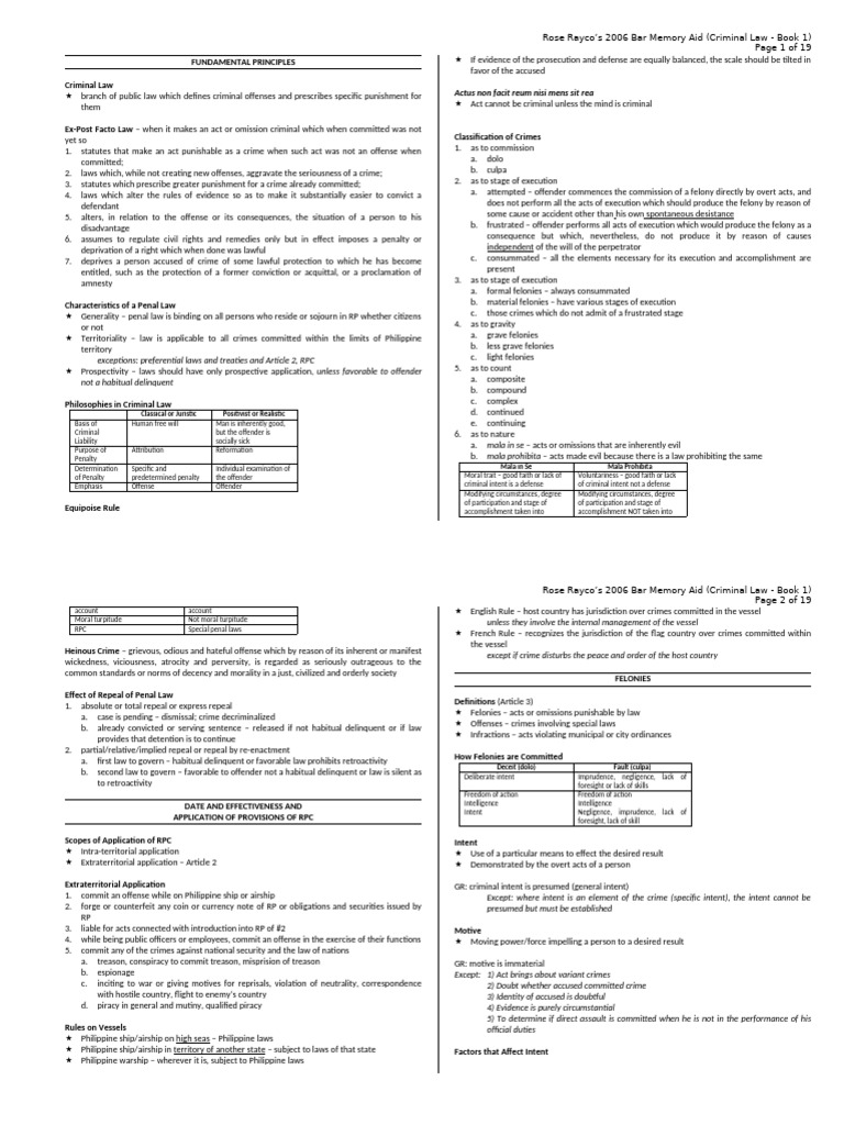 Criminal Law (Memory Aid) | PDF | Crimes | Crime & Violence