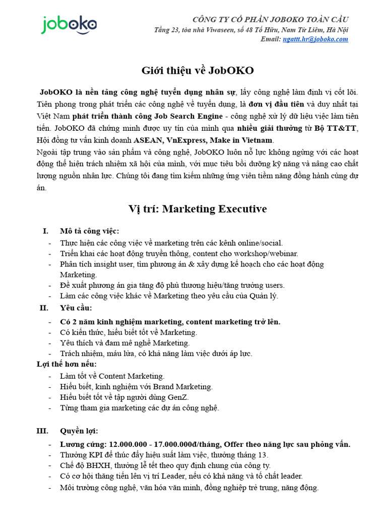 (JobOKO) Marketing Executive | PDF