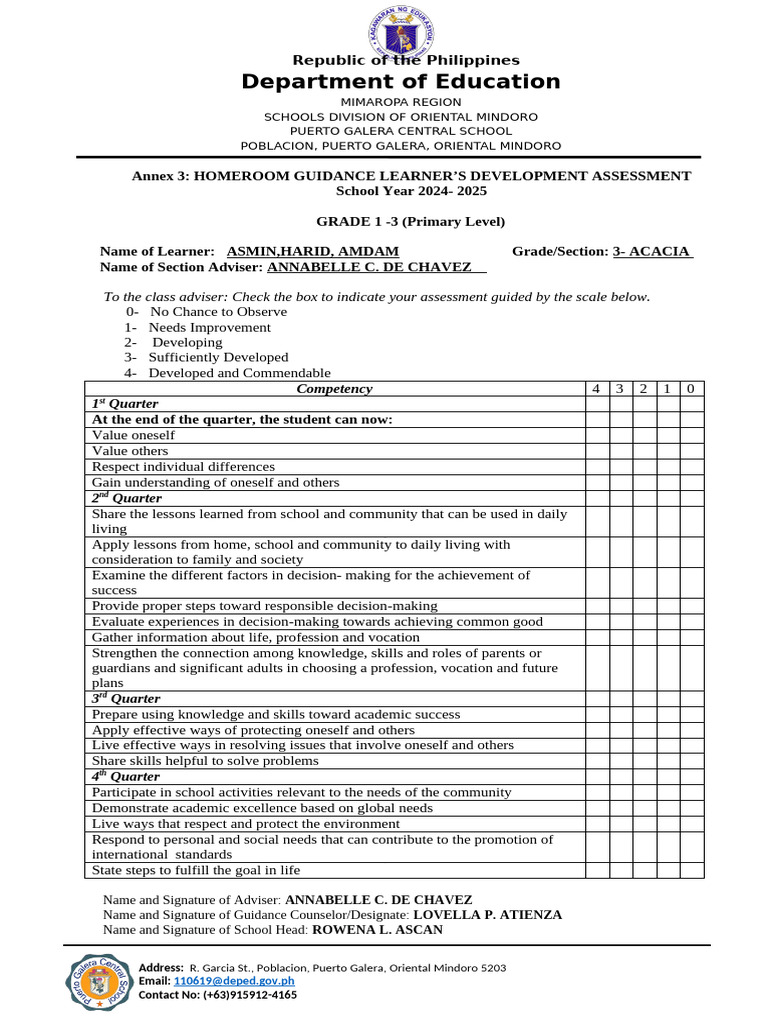 Annex 3 HG GR.1-3 LEARNER'S DEVELOPMENT ASSESSMENT TOOL ACACIA 2024-25 | PDF | Decision Making ...