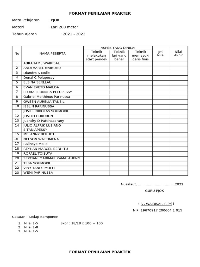Format Penilaian Praktek | PDF