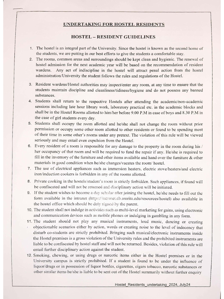 Hostel Undertaking Form | PDF