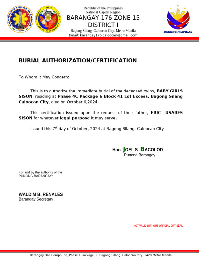 Burial Authorization for Deceased Twins | PDF