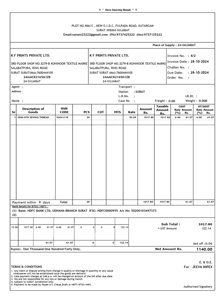 Bill No.2 k f Prints Private Ltd. | PDF | Public Finance | Economy Of India