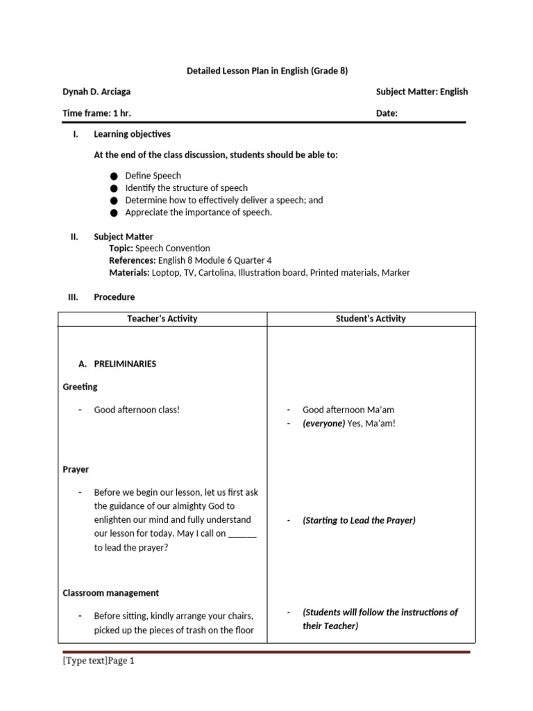 Grade 8 English Lesson Plan: Speech | PDF | Speech | Learning