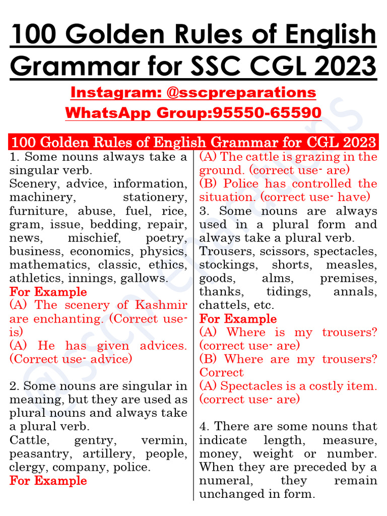 100 Golden Rules of English Grammar For SSC CGL 2023 Readable Sample | PDF | Grammatical Number ...