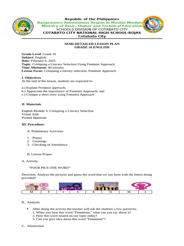 Lesson Plan Grade 10 (FEMINIST APPROAH) | PDF | Gender Studies | Feminism