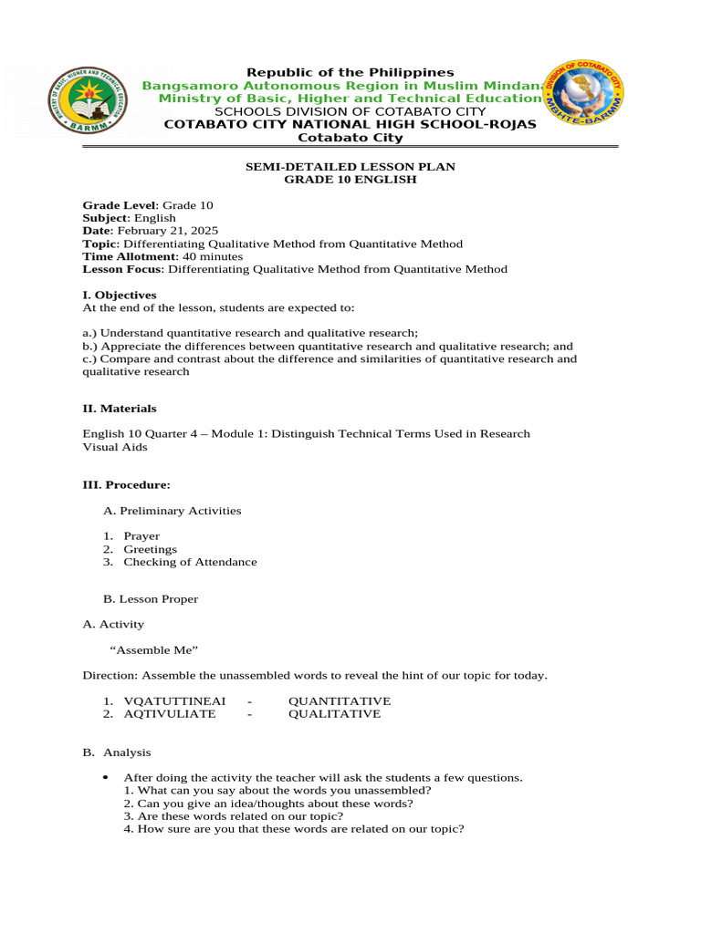 Lesson Plan Grade 10 (Differentiating Qualitative Method From Quantitative Method) | PDF ...