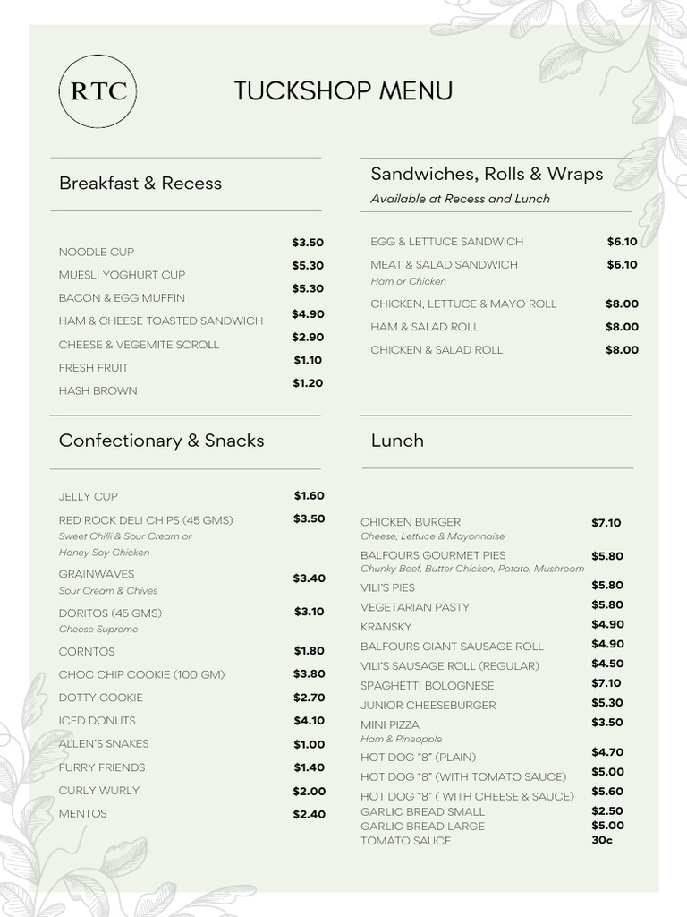 Rostrevor Canteen Menu Term 1 2024 Feb | PDF | Drink | Lemonade
