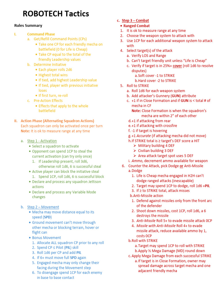 Robotech Rules Summary | PDF | Military | Warfare