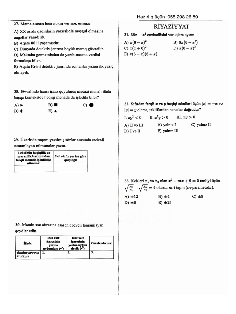 9-Cu Sinif OTK 16.03.2025 (RİYAZİYYAT) | PDF