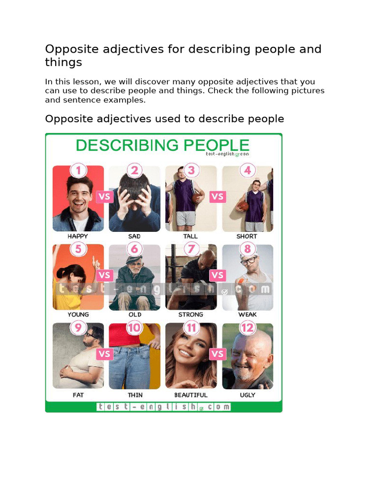 Opposite Adjectives For Describing People and Things | PDF