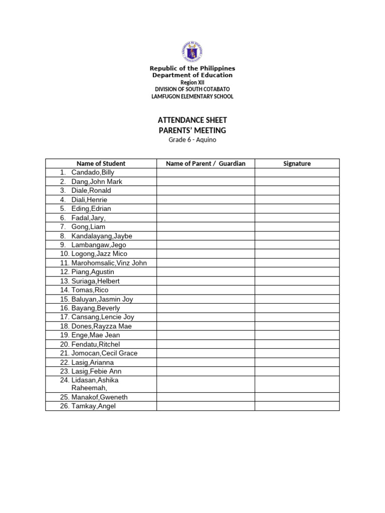 Grade 6 Parents' Meeting Attendance Sheet | PDF