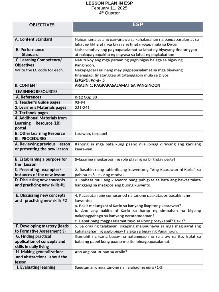 Lesson Plan All Subjects | PDF